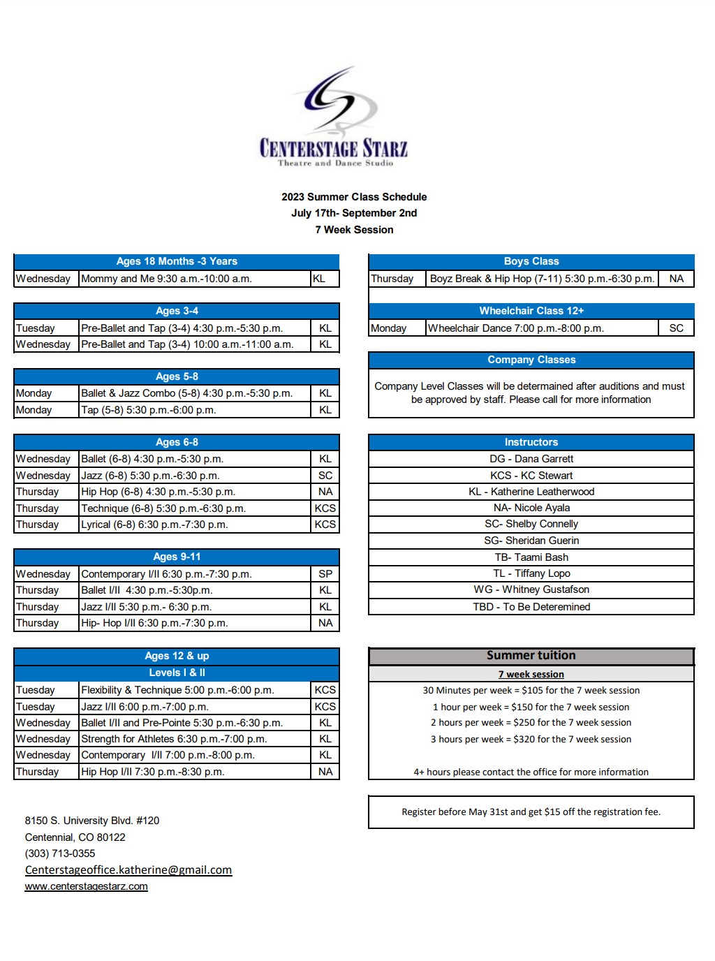 2023 Summer Schedule – Centerstage Starz